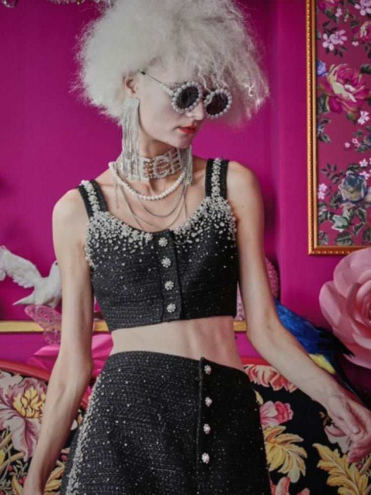 TCH Crystal Embellished Bling Tweed Crop Top