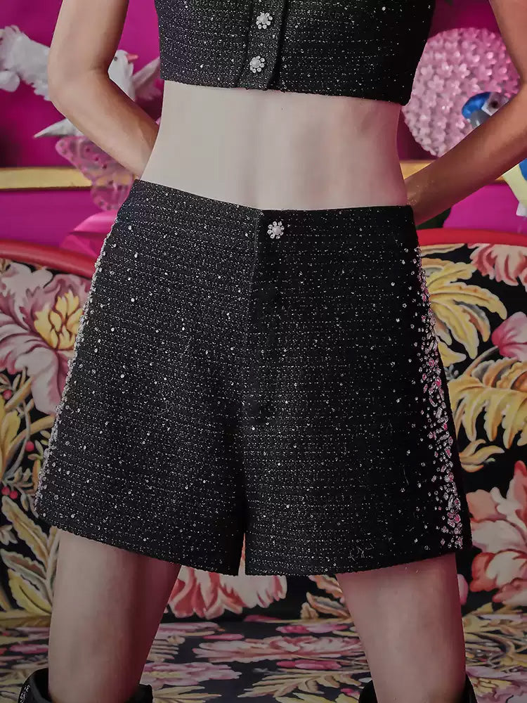 TCH Crystal-Embellished Luxury Shiny Mini Shorts