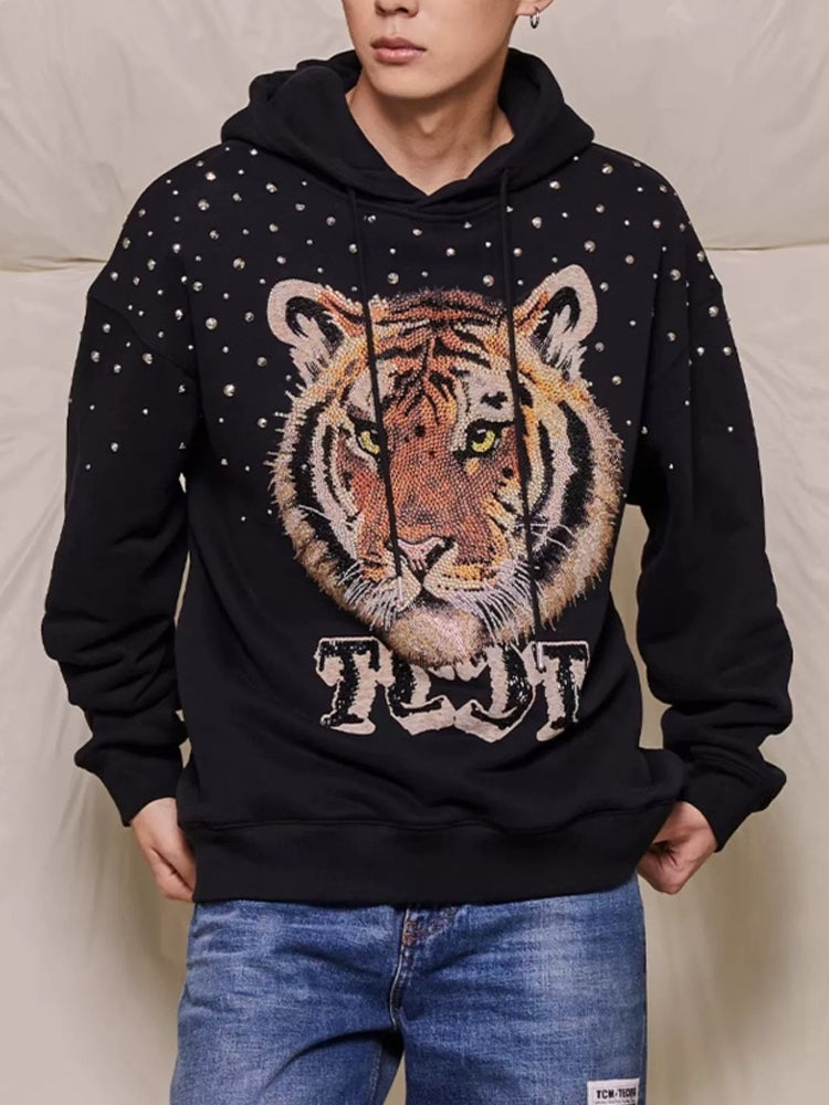 TCH Crystal-Embellished Tiger Print Oversized Black Hoodie