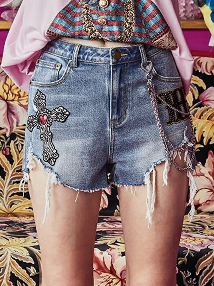 TCH Crystal-Embellished Graphic High Waist Denim Shorts